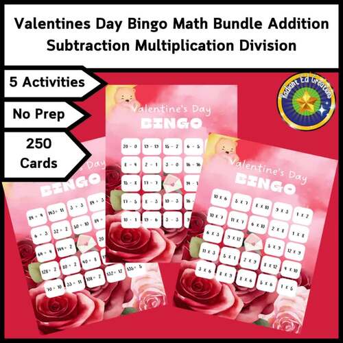 Valentines Day Bingo Math Bundle Addition Subtraction Multiplication ...