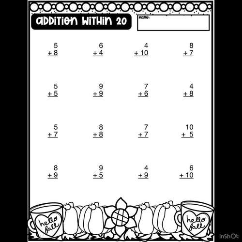 Autumn Math Addition and Subtraction within 20 | No Prep Worksheets