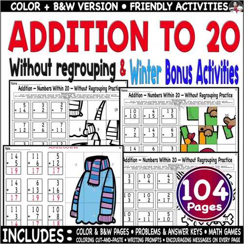 Winter Math Worksheets, Addition Facts to 20 Practice, Mystery Picture ...
