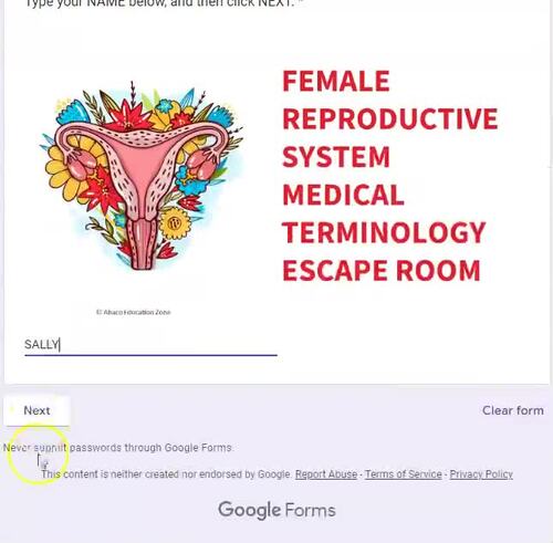 Female Reproductive System Medical Terminology Escape Room | TPT