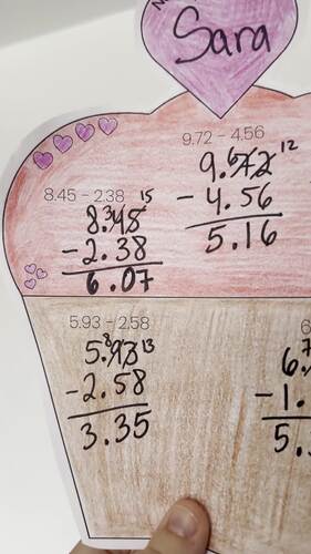 5th Grade Cupcake Valentine's Day Math Craft Subtracting Decimals ...
