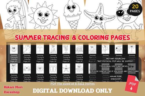 Summer Tracing & Coloring | 20 Pre-Writing for Preschool & Kindergarte