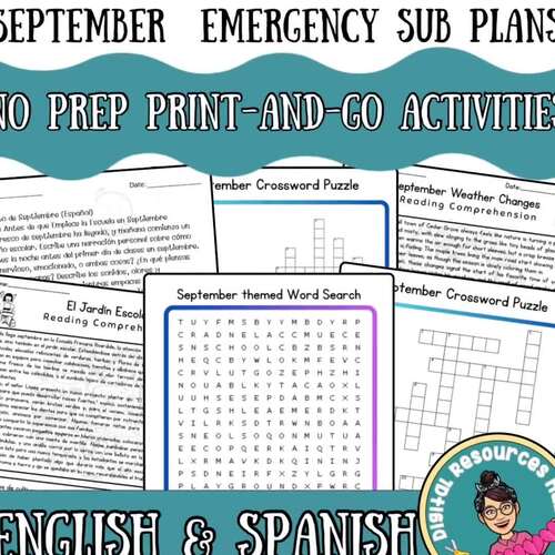 SEPTEMBER Emergency Sub Plans Substitute Lesson Planning SPANISH AND ...