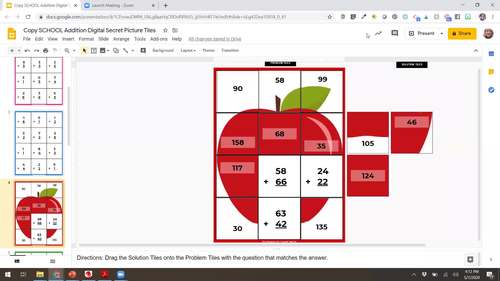 Addition Secret Picture Tiles | School Theme | Distance Learning