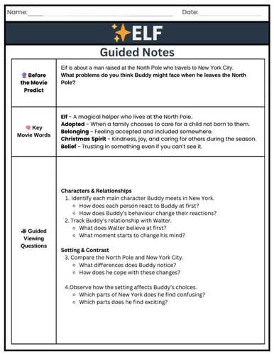 Elf Movie Guide and HOTS Knowledge Check - Dyslexia Friendly, No Prep ...