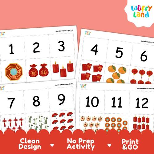 Chinese New Year Math Center | Number Matching Cards 1-12 | Lunar New Year