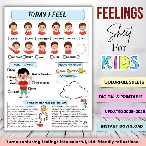 Feelings Check-In Worksheet for Kids | Daily Emotions Chart & Calm Down ...