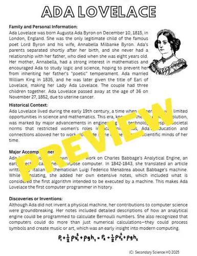 Ada Lovelace Review, PDF Study Guide | Scientists | Women in Science