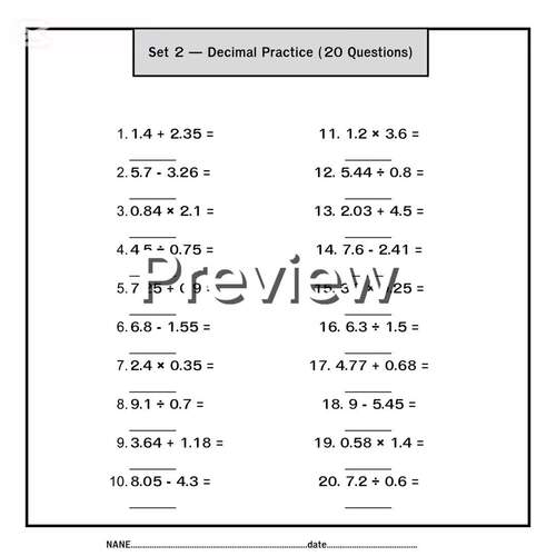 Mixed Math Mastery Worksheets (Exponents • Fractions • Decimals • Roots)