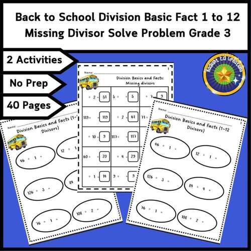 Back to School Division Basic Fact 1 to 12 Missing Divisor Solve ...