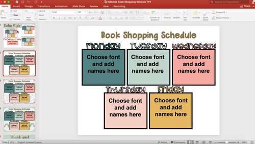 EDITABLE Boho Style Book Shopping Schedule (M-F) Reading Workshop