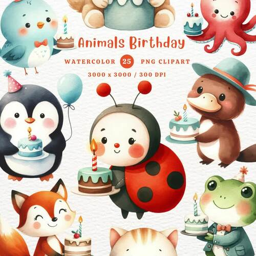 Animals Birthday Watercolor Clipart PNG by littlebabestudio | TPT