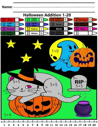 Halloween Color By Addition 1-20 with Numberline No Prep | TPT