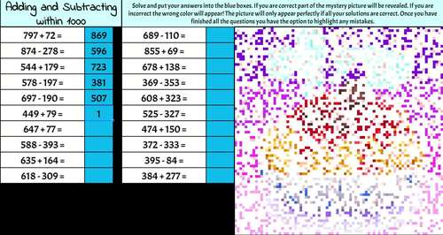 Adding and Subtracting Within 1000 Pixel Art by Pick Up and Go Resources
