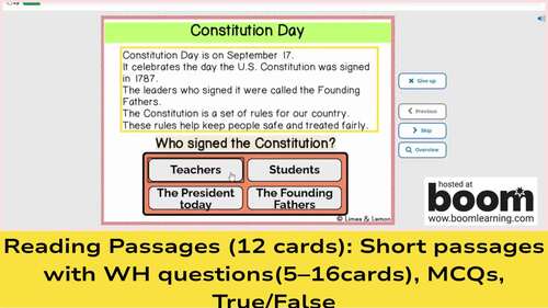 Constitution Day Reading Comprehension WH Questions Digital Boom Cards