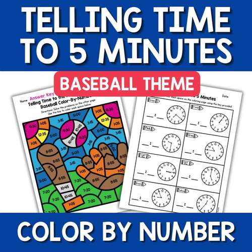 Baseball Time to 5 Minutes Color by Number Code Fun Activity No Prep ...