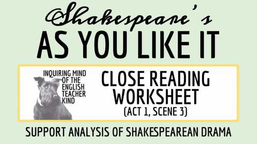 As You Like It Act 1 Scene 3 Close Reading Worksheet (Printable)