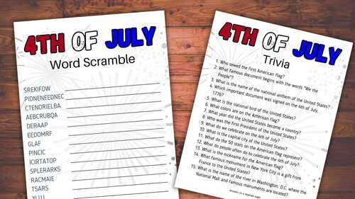 4th of July Printable Games, Fourth of July Word Games, Trivia Game
