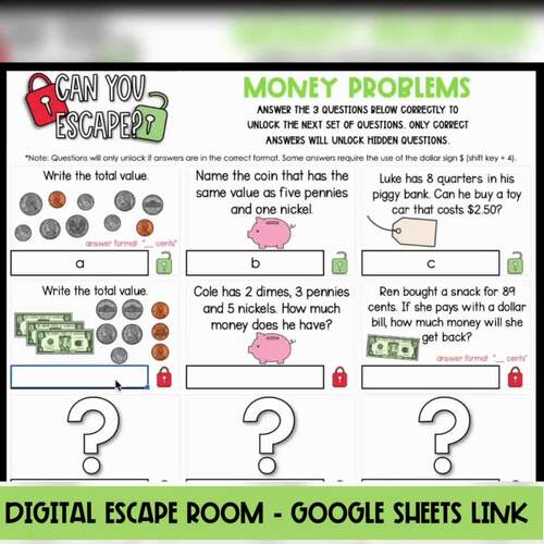 Money Word Problems Worksheets and Digital Escape Room Bundle | 2.MD.8