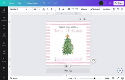 Watercolor Christmas Tree and Pink Strips Kids Printable Christmas Gift ...