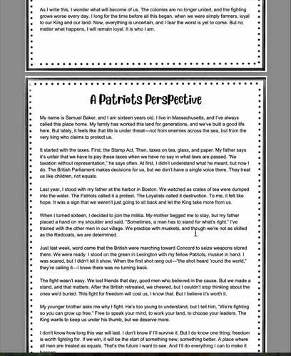 Patriots Vs. Loyalists Opinion Essay | Persuasive Writing Activity