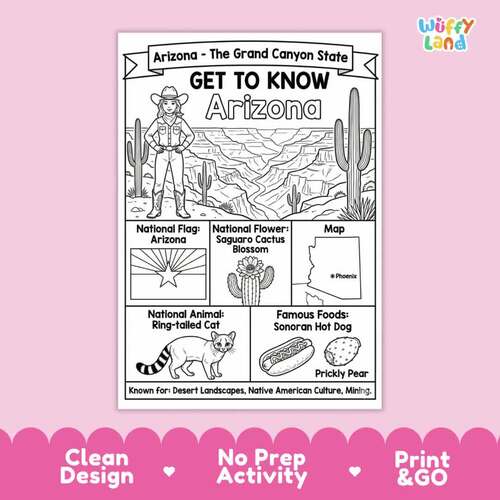 Arizona State Symbols Activity Geography Coloring Page Worksheet 50 States