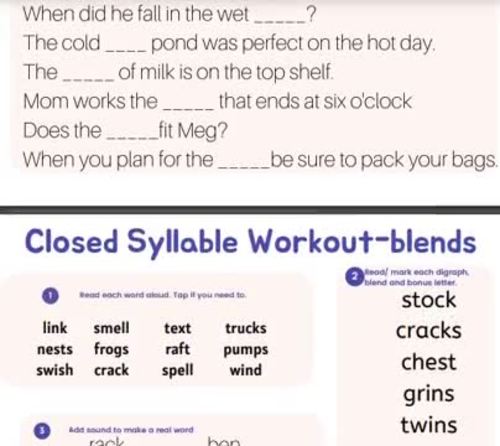 Closed Syllable Blend Workout with baseword suffix, bonus letters, digraphs