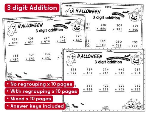 4th Grade Math Halloween | 3-5 Digit Addition & Subtraction Worksheets
