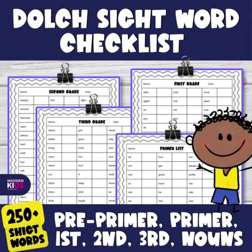 Dolch Sight Word Checklist - Pre-Primer, Primer, 1st, 2nd, 3rd, Nouns