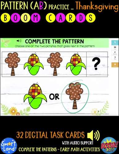 Thanksgiving AB Pattern Practice digital cards by Smart Land Printables