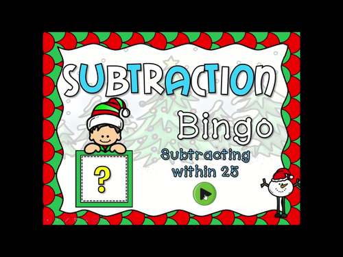 Subtracting within 25 Christmas Bingo Powerpoint Game by Teacher Gameroom