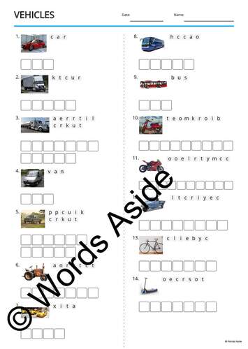 Vocabulary Puzzle Writing Worksheets Crossword Word Search Anagram VEHICLES
