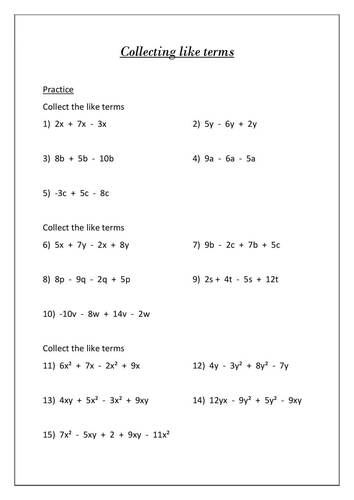 Maths Collecting Like Terms, Expanding Brackets & Factorising Worksheets