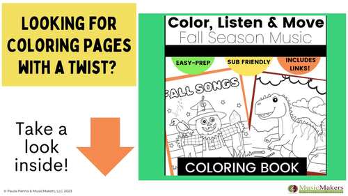 FALL Music Coloring Pages w/ Listening Links & Movement - Sub Friendly!