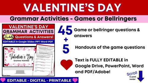 Valentines Day Activities Grammar Games Bell Ringers Proofreading ...
