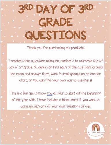 Third (3rd) Day of 3rd Grade Question Activity Cards- Back to School ...