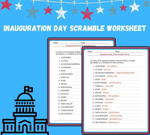 Presidential History Word Scramble- Inauguration Day Vocabulary Worksheets
