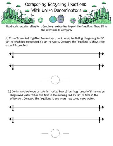 Earth Day Comparing Fractions Worksheets | Unlike Denominators | 3rd ...