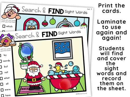 Christmas Preschool Activity Search & Find Sight Words Pre-K Kinder Centers