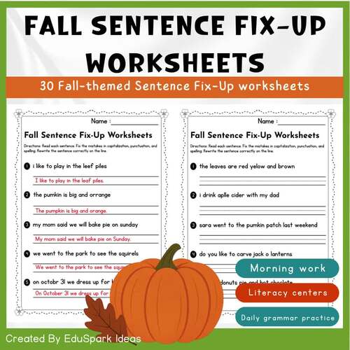 Fall Sentence Fix-Up Worksheets | Correct the Sentences for 1st - 3rd grade