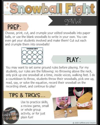Snowball Fight Game- EDITABLE Snowballs & Recording Sheets by Caff and ...