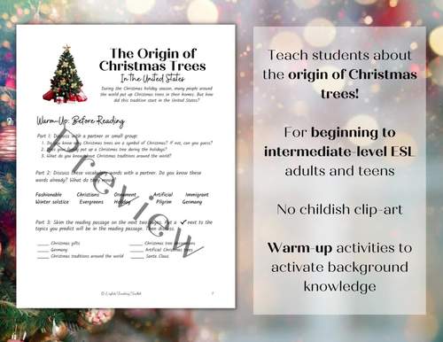 Adult ESL Christmas Reading Passage & Comprehension Activities | TPT