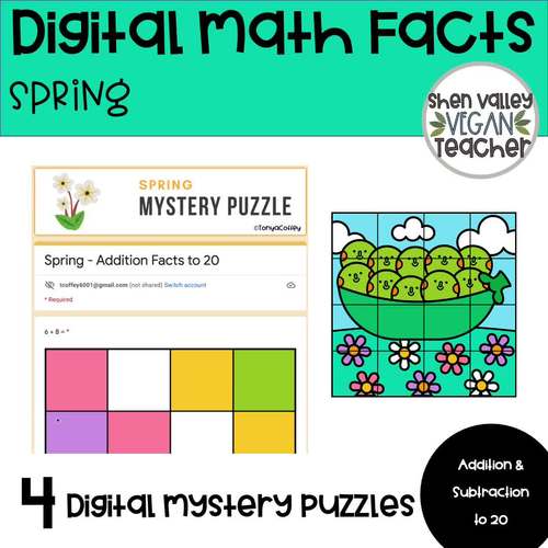4 Mystery Puzzles Digital Math Facts SPRING Addition & Subtraction to 20