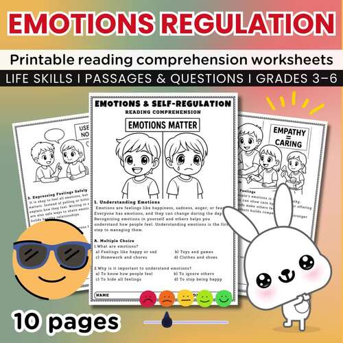 Emotions and Self-Regulation Reading Comprehension Worksheets, SEL ...