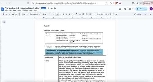 Legislative Branch Review Game | The Weakest Link (Congress) | U.S ...