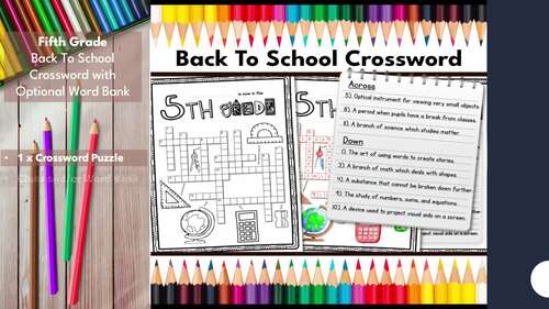 5th Grade Back To School Crossword for Fifth Graders with Optional Word ...