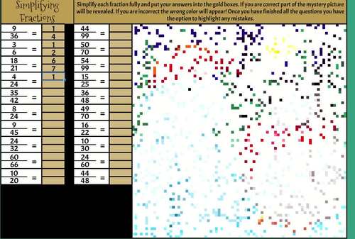 Simplifying Fractions Christmas Math Pixel Art by Pick Up and Go Resources