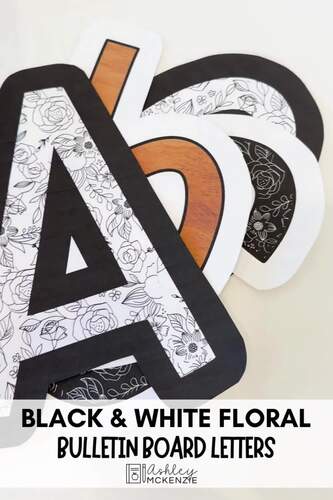 Floral Black and White Bulletin Board Letters, A-Z, Punctuation, & Numbers