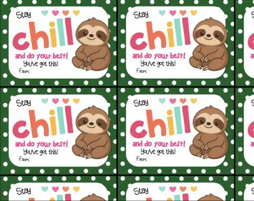 Sloth-Themed Testing Motivation Gift Tag- Stay chill and do your best ...