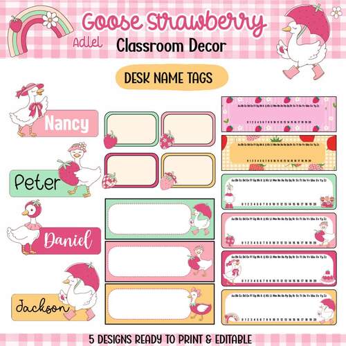 Desk Name Tags: Goose Strawberry | Editable Classroom Decor Name Plates